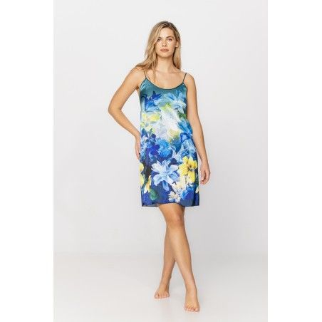 Silky satin negligee with thin straps and floral print in shades of ...